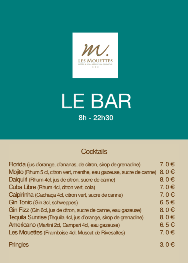 Carte du bar de l'hôtel & Spa Les Mouettes à Argelès-sur-Mer
